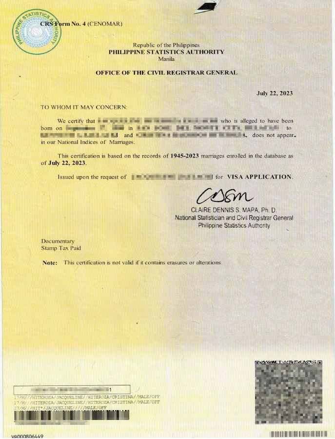 PSA CENOMAR (Certificate of No Marriage) – KABAYAN EXPRESS ANZ